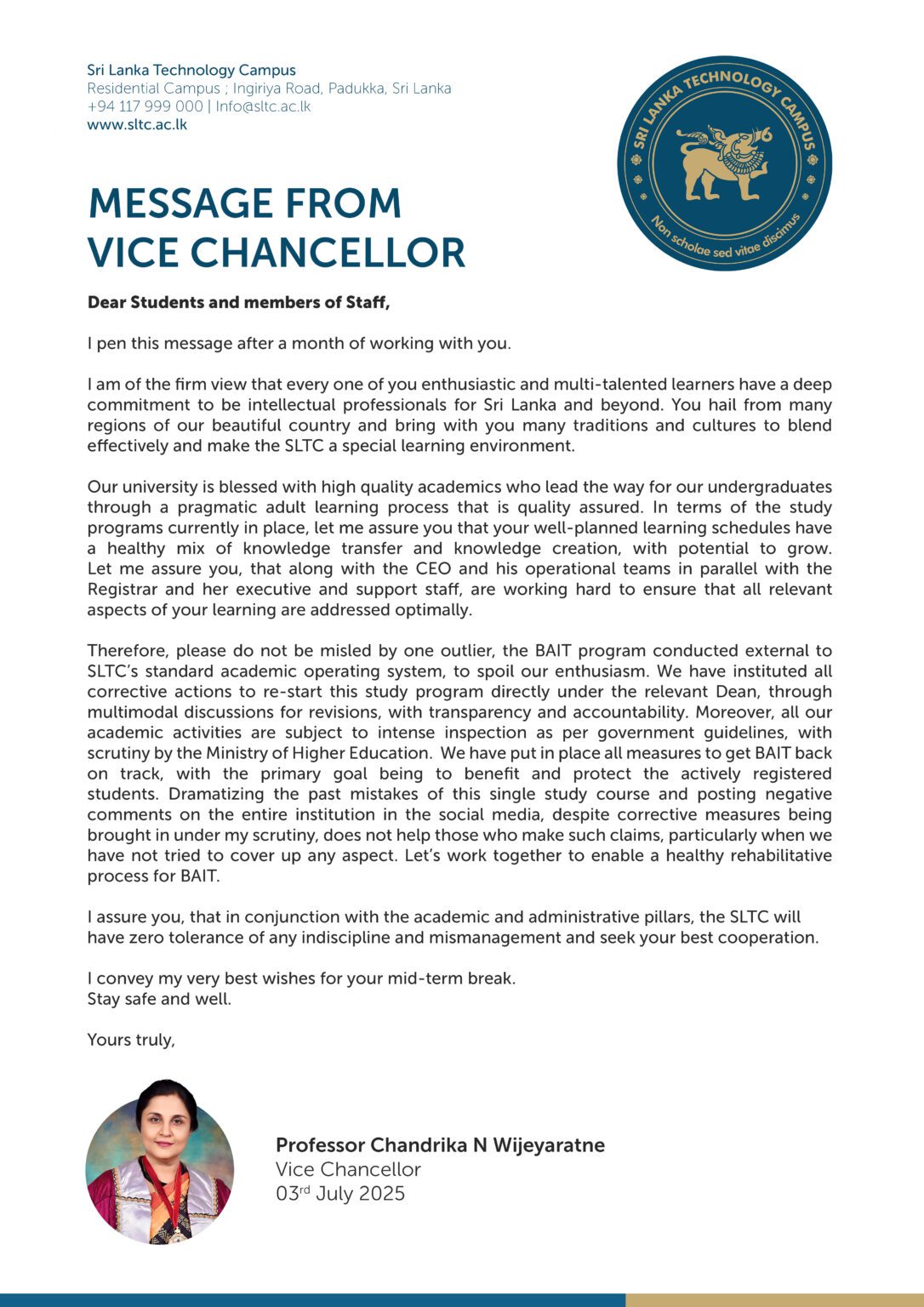A Message from the Vice Chancellor - SLTC